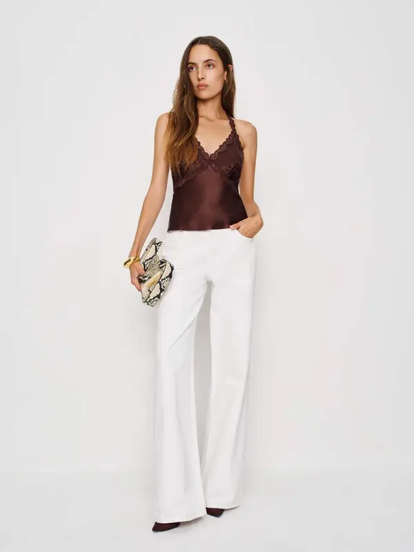 REFORMATION Monica Silk Top With Lace Trim - Brown