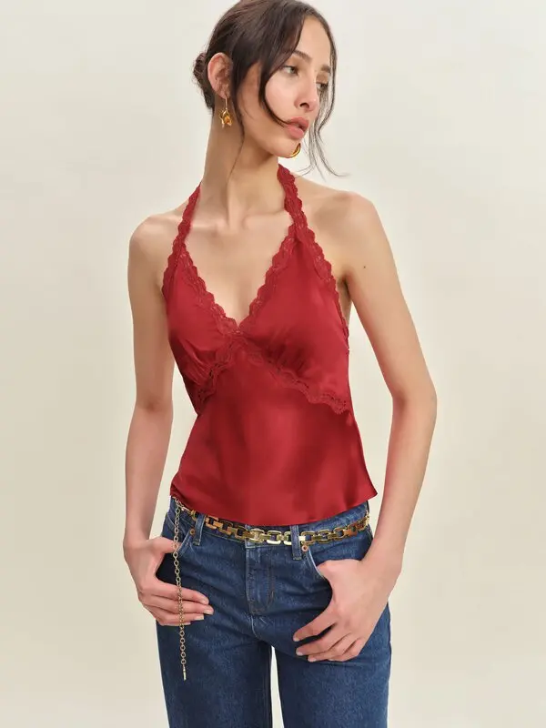REFORMATION Monica Silk Top - Red