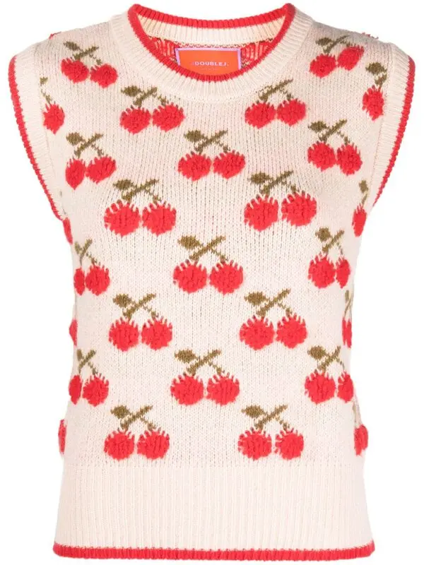La DoubleJ Cherry Intarsia-knit Vest - White