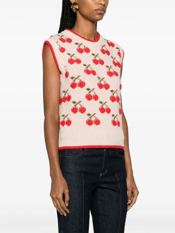 La DoubleJ Cherry Intarsia-knit Vest - White