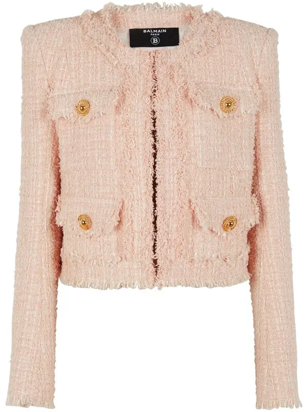 Balmain Collarless Tweed Jacket - Pink
