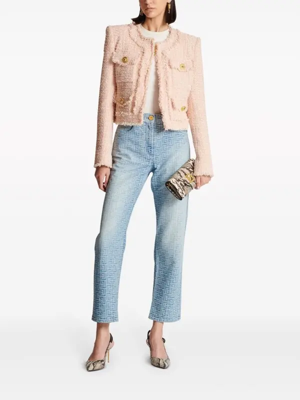 Balmain Collarless Tweed Jacket - Pink