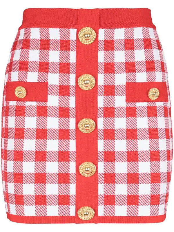 Balmain Gingham Fine-knit Miniskirt - Red
