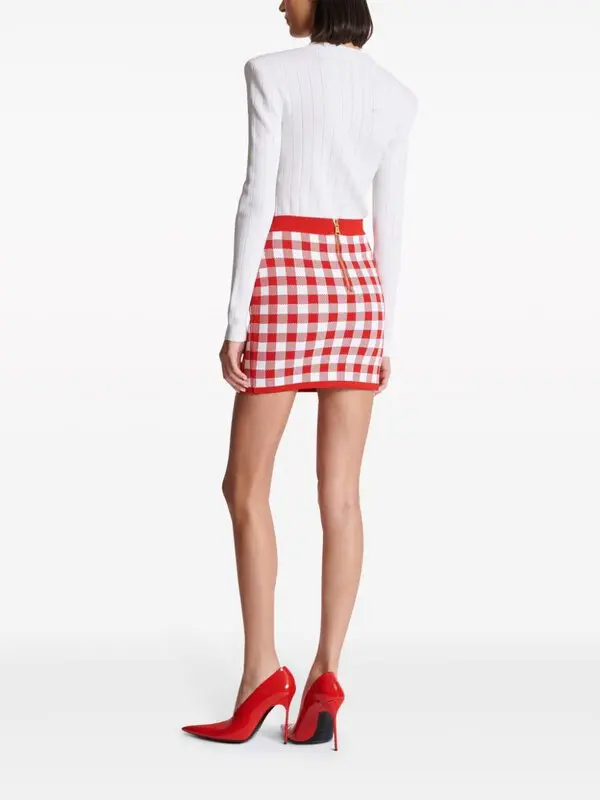 Balmain Gingham Fine-knit Miniskirt - Red
