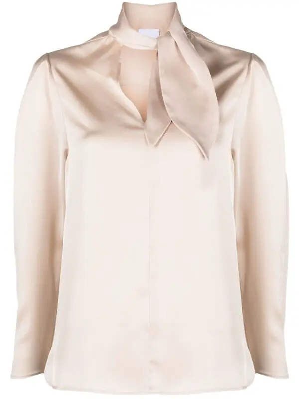 MERCI Light Beige Satin Attached Scarf Blouse