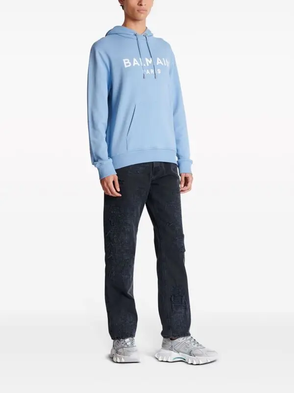 Balmain Logo-print Organic Cotton Hoodie - Blue