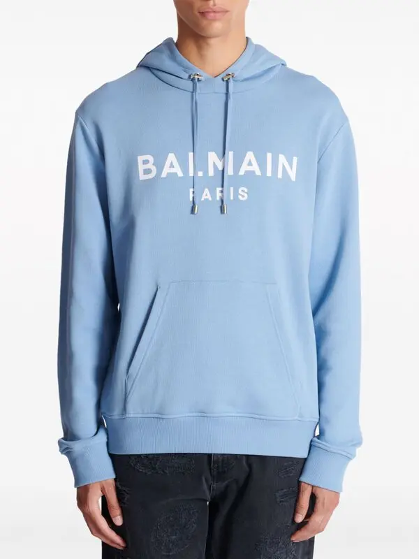 Balmain Logo-print Organic Cotton Hoodie - Blue