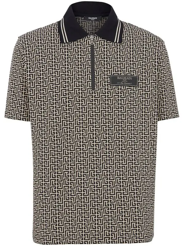 Balmain Monogram Jacquard Zipped Polo Shirt - Black