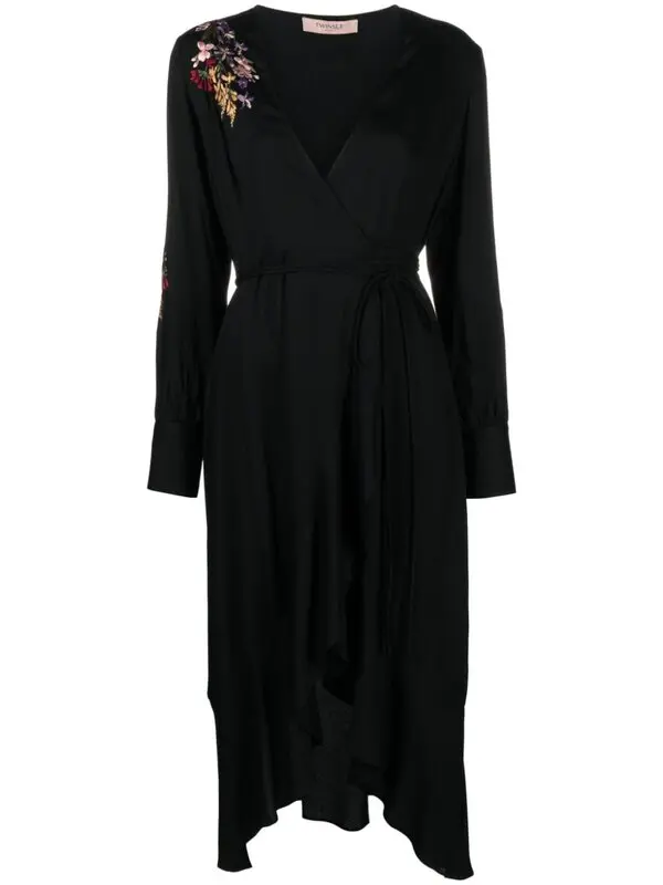 Twinset Floral-Embroidered Crepe Wrap Dress In Black - 80% Off |  Editorialist