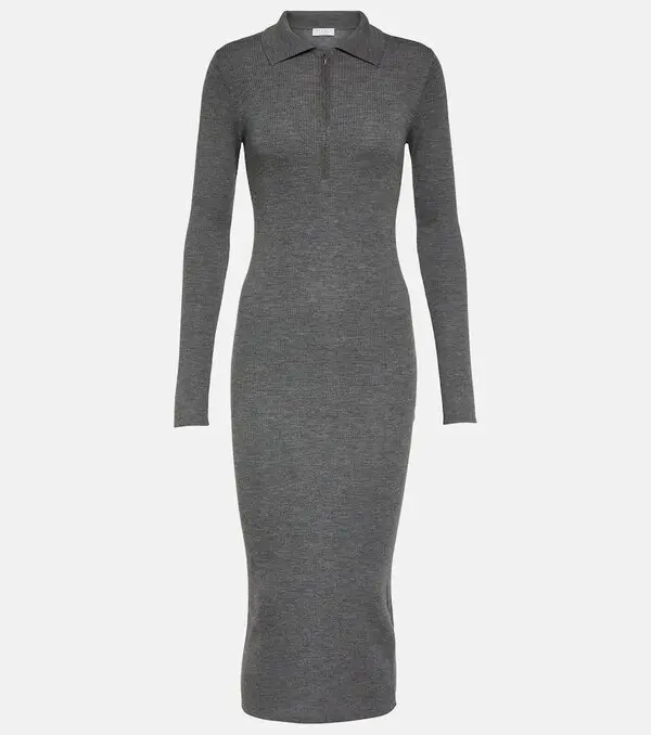 Brunello Cucinelli Ribbed-knit Wool And Cashmere Midi Dress - Grey