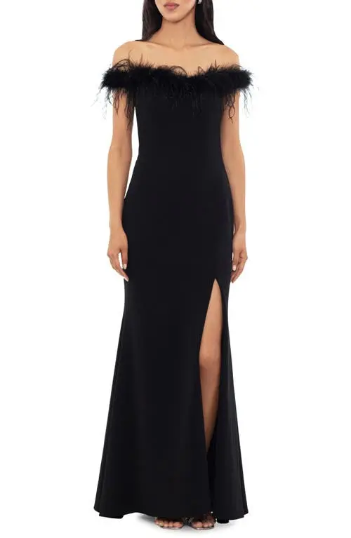 XSCAPE EVENINGS Feather Trim Off-the-shoulder Scuba Gown - Black