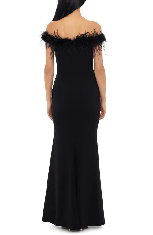 XSCAPE EVENINGS Feather Trim Off-the-shoulder Scuba Gown