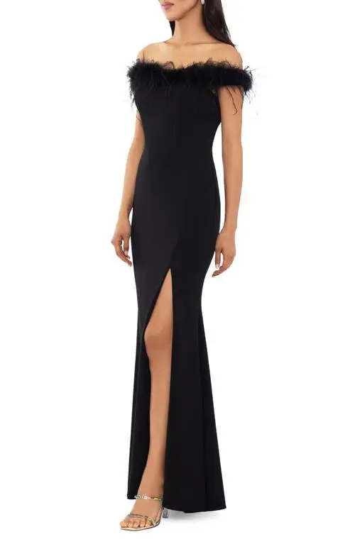 XSCAPE EVENINGS Feather Trim Off-the-shoulder Scuba Gown