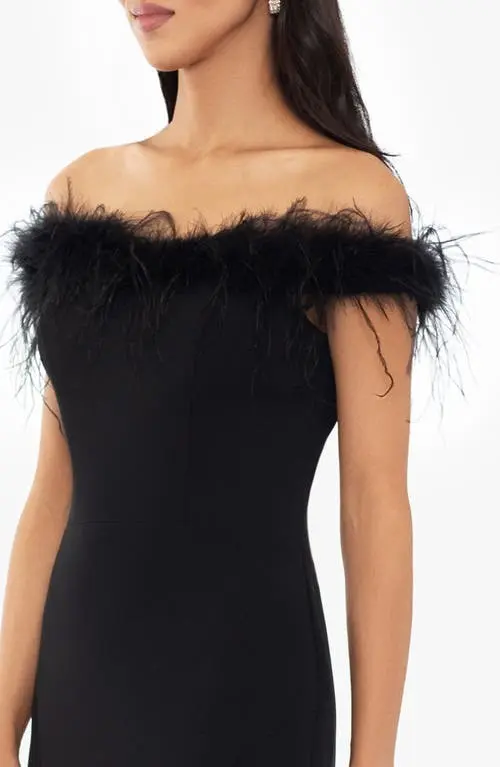 XSCAPE EVENINGS Feather Trim Off-the-shoulder Scuba Gown
