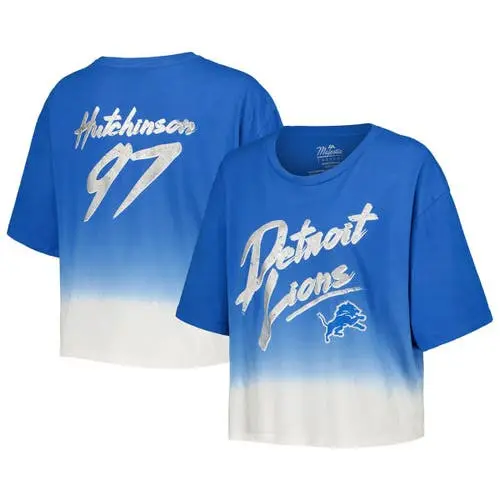 MAJESTIC THREADS Detroit Lions Aidan Hutchinson Player Name & Number Dip-dye Cropped Top - Blue