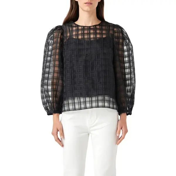 English Factory Plaid Organza Long-sleeve Top
