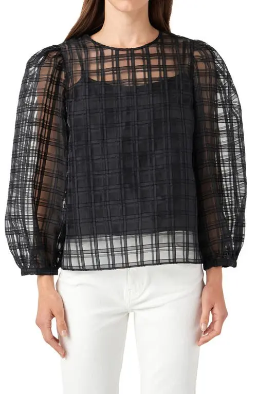 English Factory Plaid Organza Long-sleeve Top