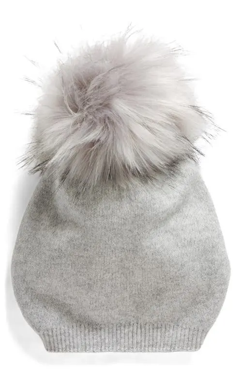 KYI KYI Wool & Cashmere Blend Beanie With Faux Fur Pom - Light Grey