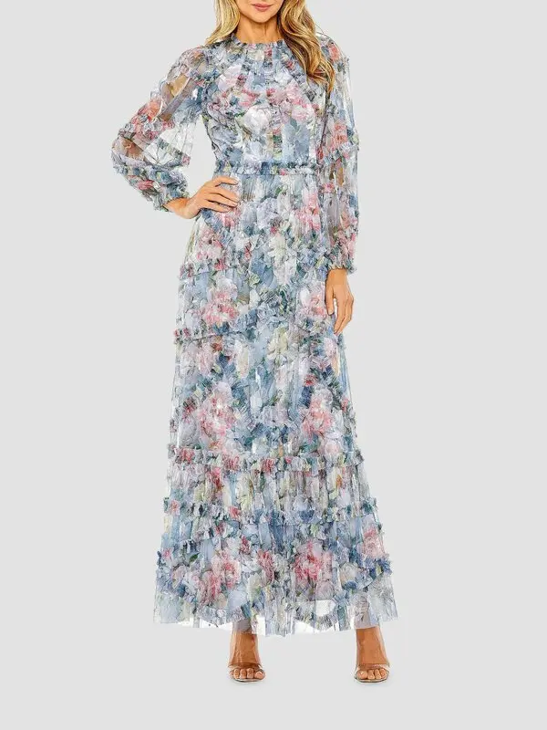 Mac Duggal Floral Chiffon Tiered Maxi Dress - Platinum Multi