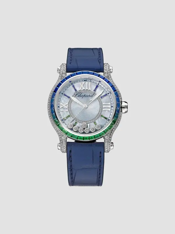 Chopard Happy Sport White Gold, 2.53 Tcw Diamond, Multi-gemstone & Leather Watch - Blue
