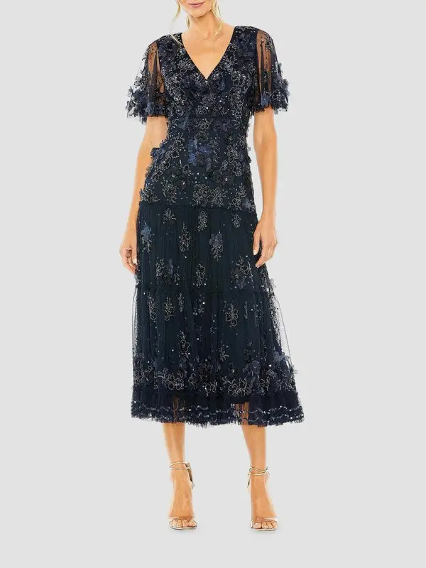 Mac Duggal Floral Embellished Tiered Midi-dress - Midnight