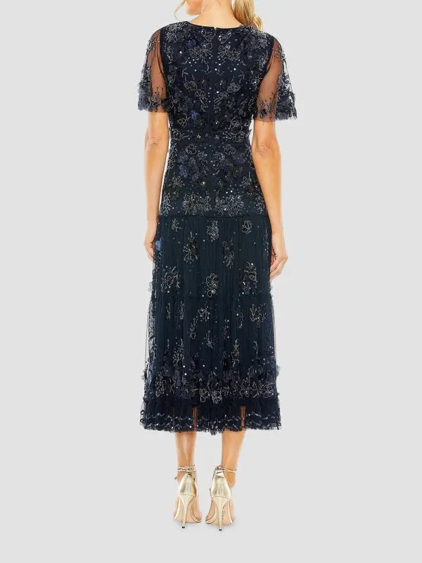Mac Duggal Floral Embellished Tiered Midi-dress - Midnight
