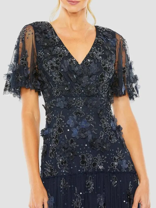 Mac Duggal Floral Embellished Tiered Midi-dress - Midnight