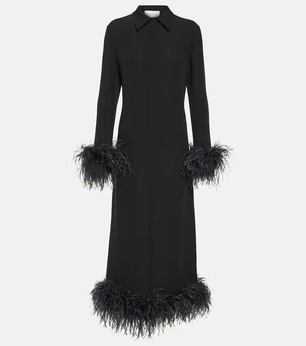 Valentino Garavani Feather-trimmed Silk Midi Dress