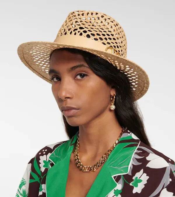 Valentino Tan Woven Straw Hat with Black Embroidered Logo Band VALENTINO GARAVANI VLOGO faux straw sun hat | THE OUTNET main image 3