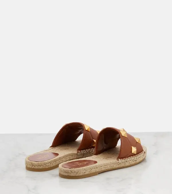 Valentino Garavani Roman Stud Leather And Raffia Slides