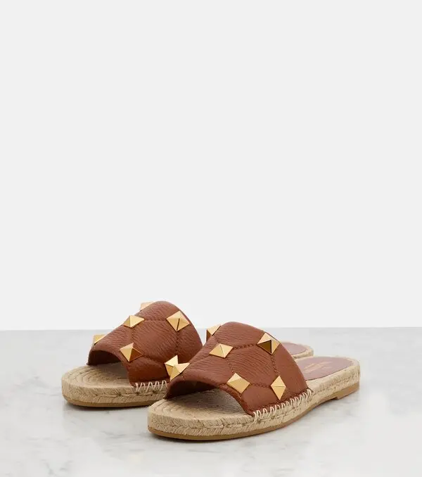 Valentino Garavani Roman Stud Leather And Raffia Slides