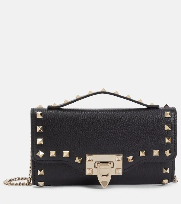 Valentino Garavani Rockstud Leather Wallet On Chain - Black