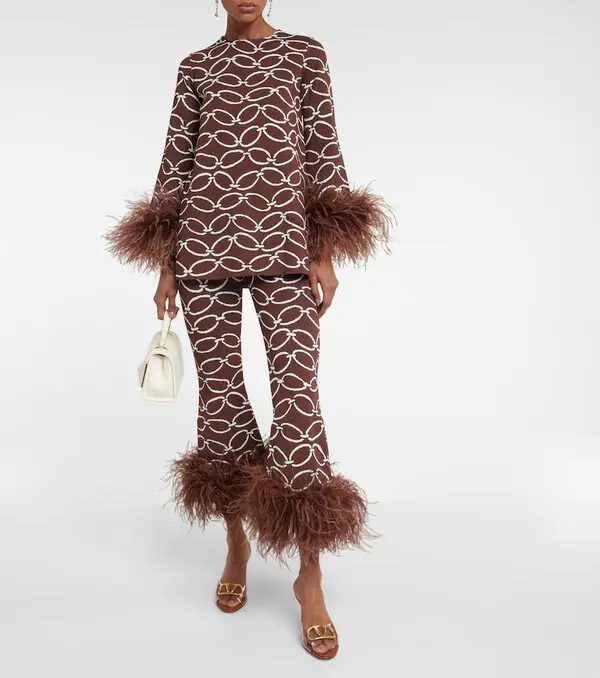 Valentino Garavani Feather-trimmed Printed Pants