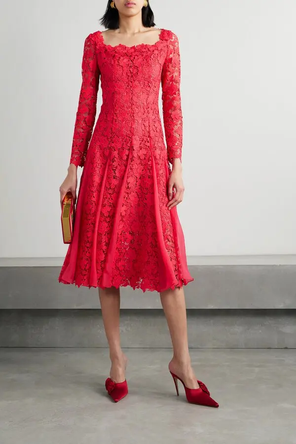 oscar de la renta red lace dress Oscar De La Renta Silk-Chiffon Trimmed Guipure Lace Midi Dress In Red - 60%  Off