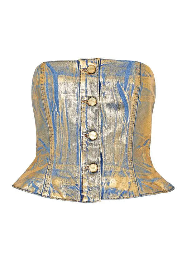 GANNI Foil-print Strapless Denim Top - Gold