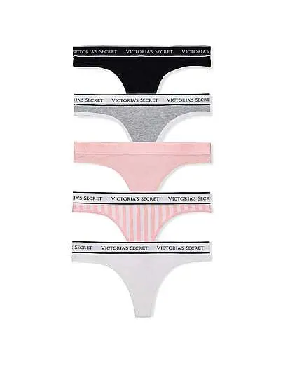 Victoria's Secret 5-pack Exploded Logo Cotton Thong Panties - Print