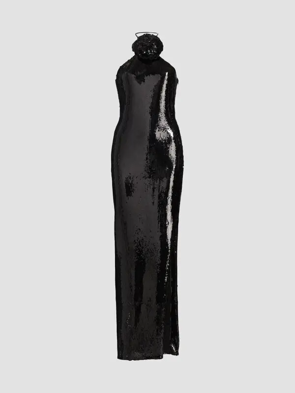 RODARTE Flower Sequined Halter Body-con Gown - Black