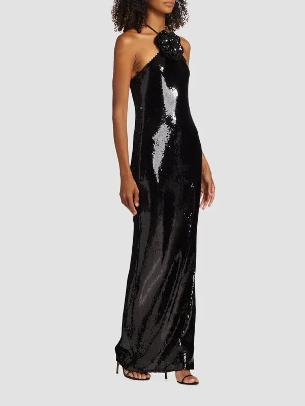 RODARTE Flower Sequined Halter Body-con Gown - Black