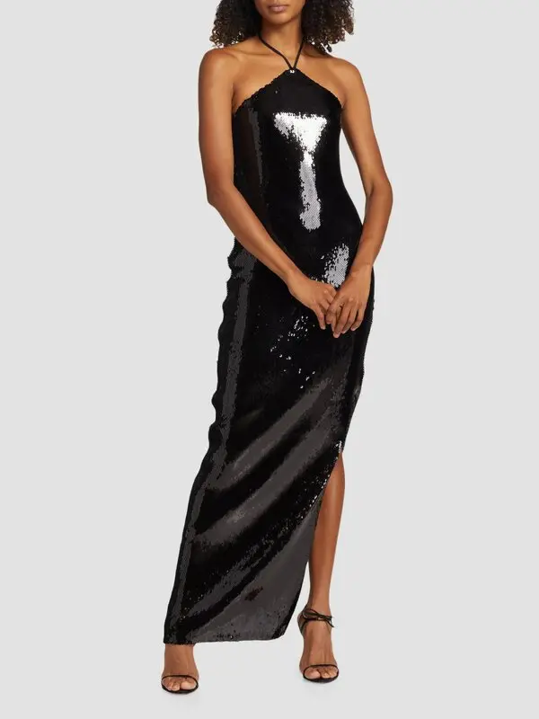 RODARTE Flower Sequined Halter Body-con Gown - Black
