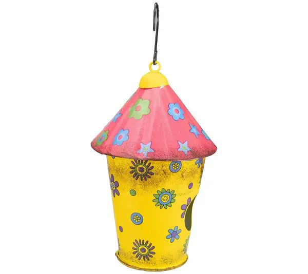 NORTHLIGHT 7.75' Red And Yellow Metal Birdhouse With Flowers - One-color