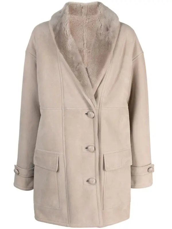LISKA Shearling-collar Single-breasted Coat