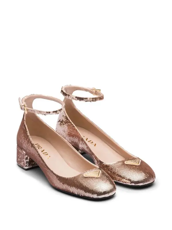 Prada 35mm Triangle Logo Sequin Pumps - Pink