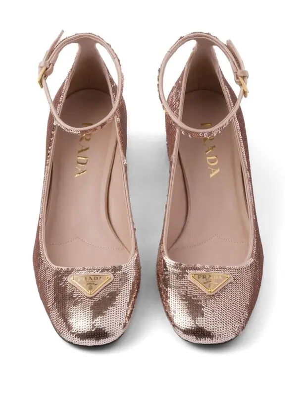 Prada 35mm Triangle Logo Sequin Pumps - Pink | Editorialist
