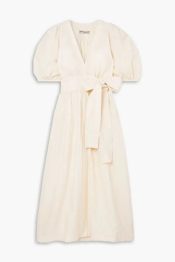 Buy THREE GRACES LONDON Fiona Linen Midi Wrap Dress - Cream At 64% Off |  Editorialist