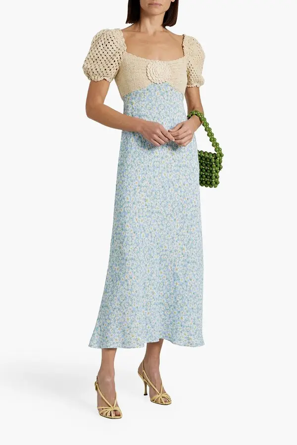 Rixo Sardinia Crochet-Paneled Floral-Print Linen-Blend Midi Dress In Light  Blue - 50% Off | Editorialist
