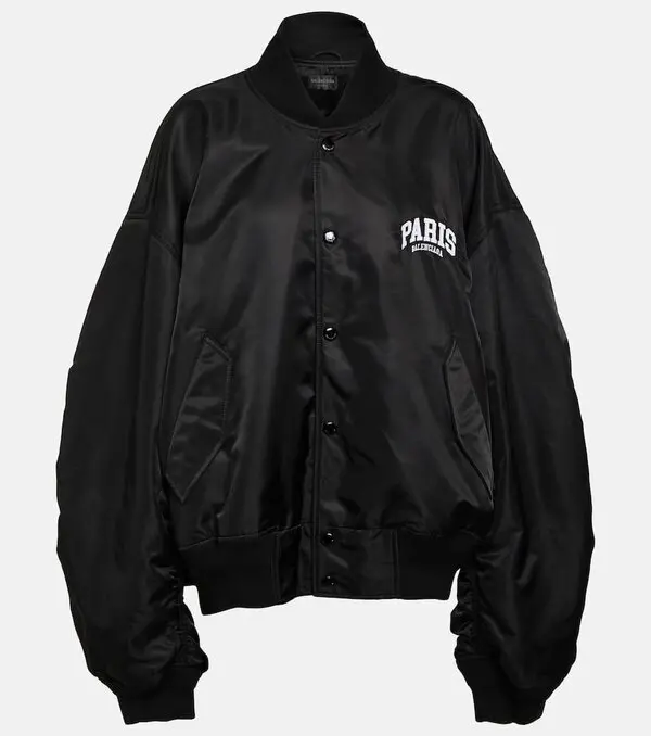 Balenciaga Paris Satin Varsity Jacket In Black - 40% Off