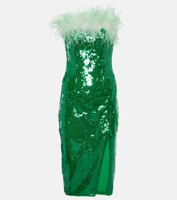 Self-Portrait Feather-Trimmed Sequined Midi Dress In Green - 40% Off |  Editorialist