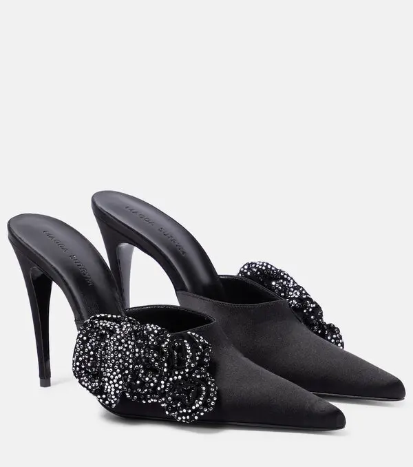 Magda Butrym Embellished Floral Satin Mules - Black
