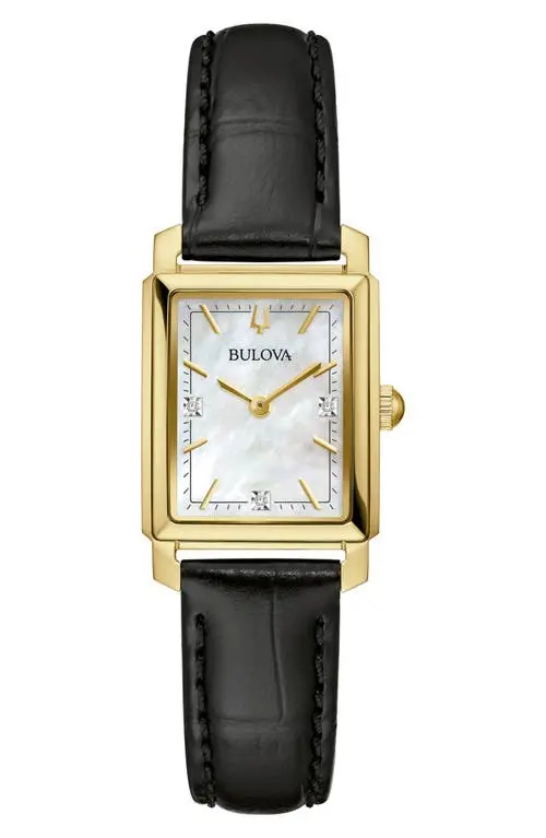 Bulova Sutton Rectangular Leather Strap Watch - Goldone