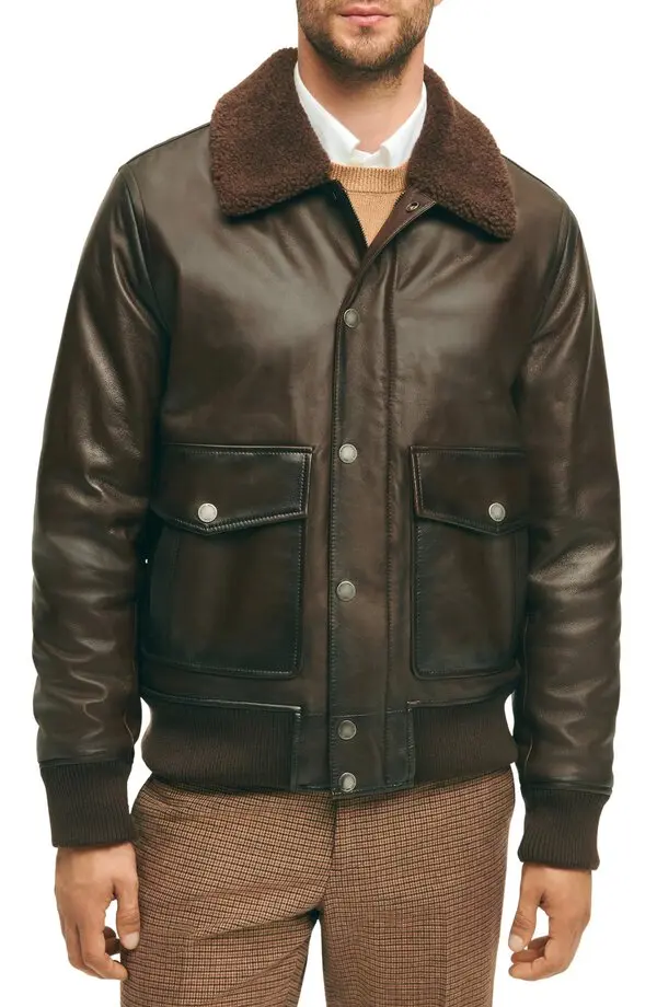 Brooks Brothers Leather Flight Jacket With Genuine Shearling Collar